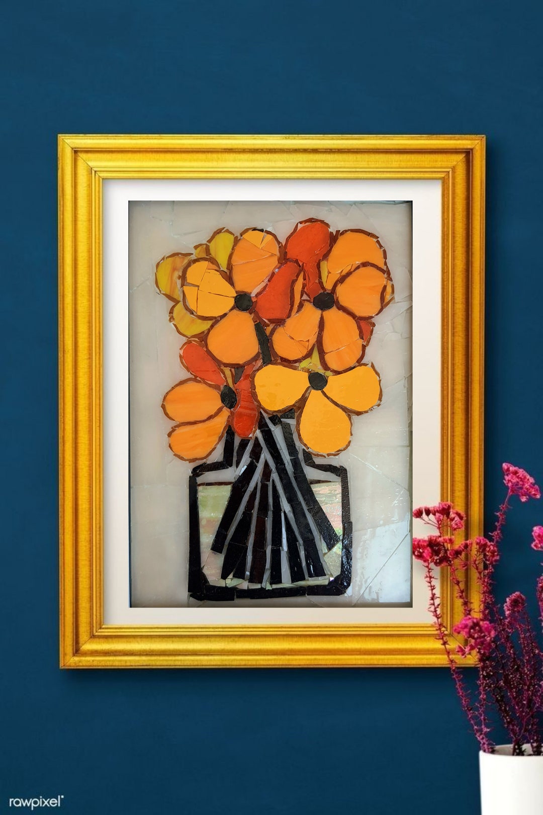 Stained Glass Marigold Flower Bouquet Framed Micromosaic Picture ...