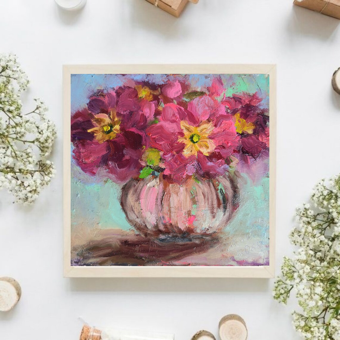 Pansies Oil Painting Original Artwork Pink Flower Semi Abstract Small ...