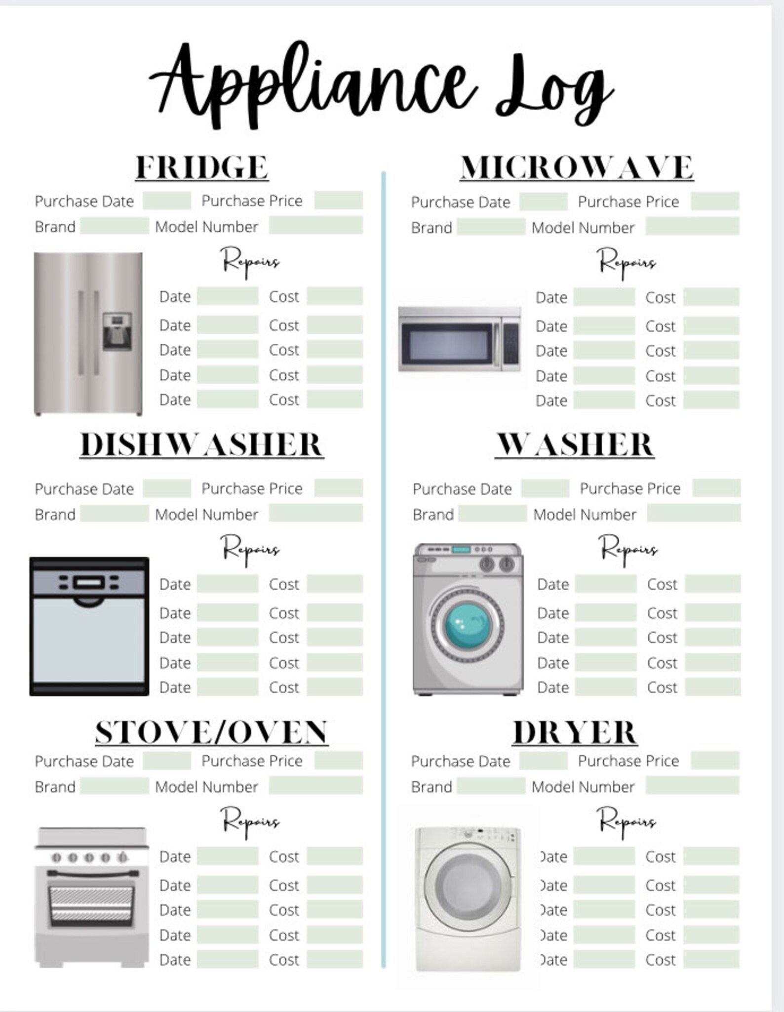 Appliance Tracker, Appliance Log, Maintenance Log, Home Management ...