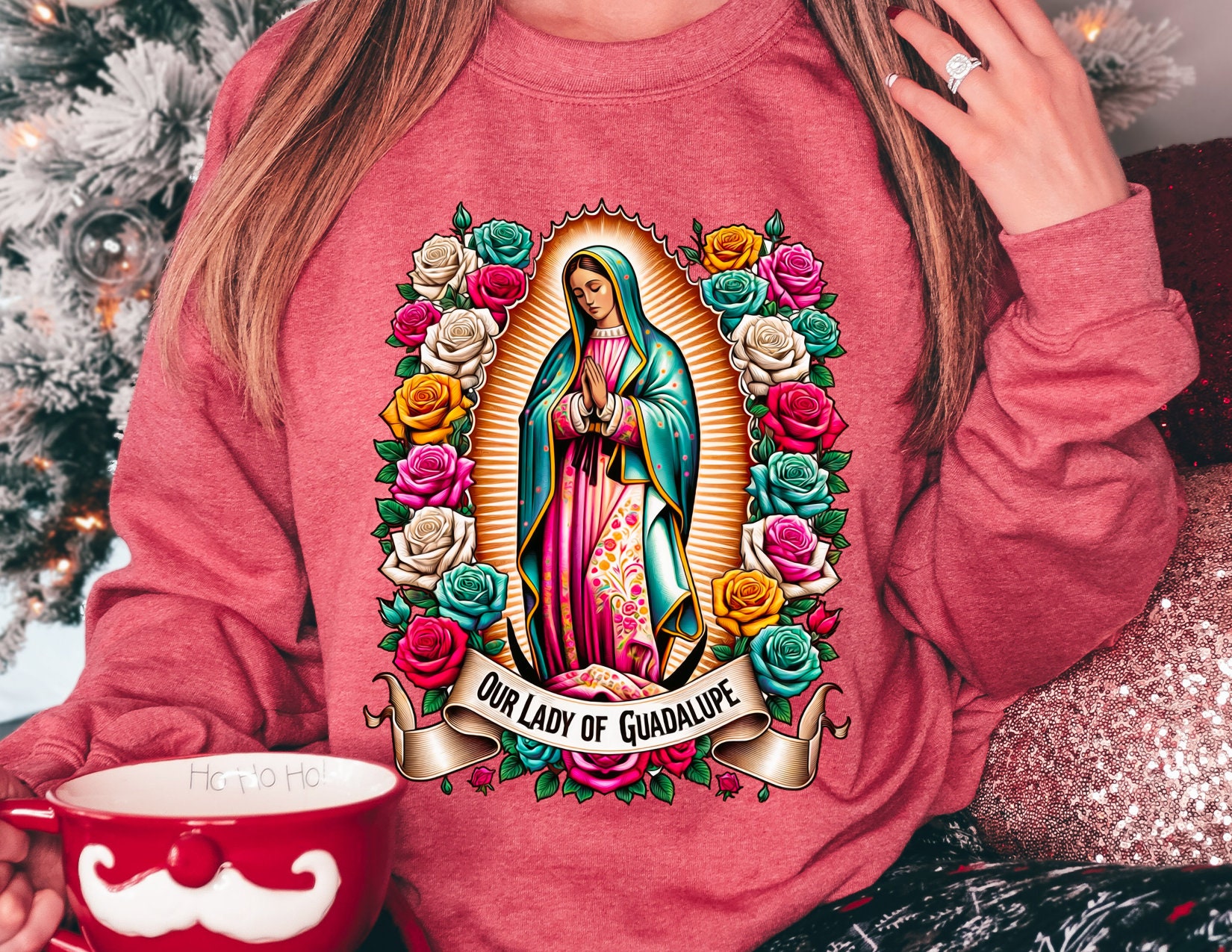 Virgen De Guadalupe Sweatshirt for Her, Red Heather Woman Sweatshirt ...