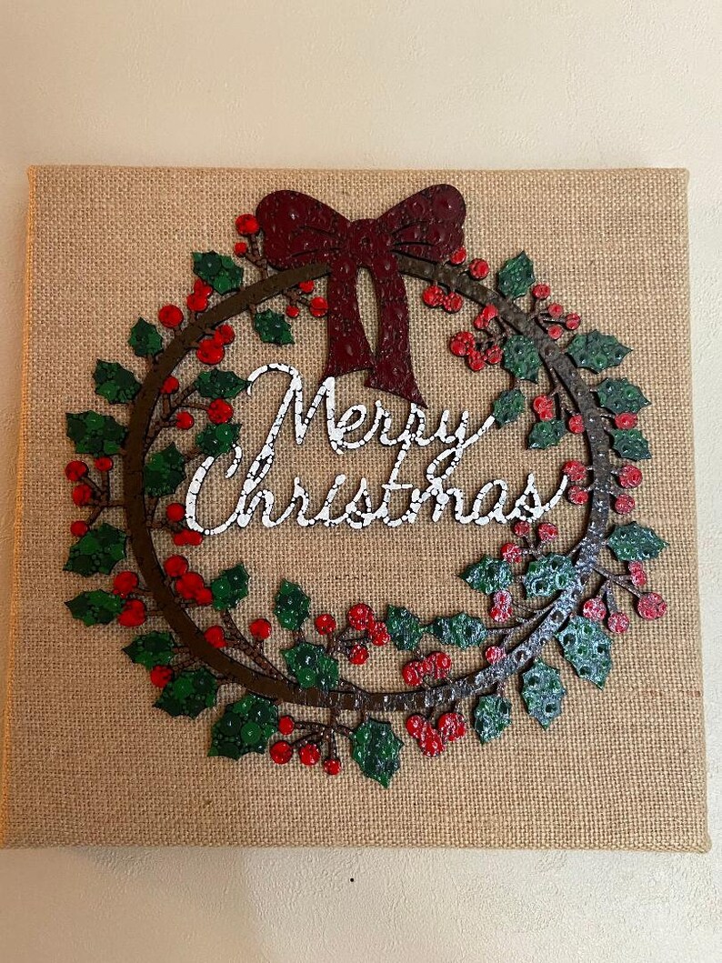 Merry Christmas Country Wreath Dot Painted Stretched Burlap - Etsy
