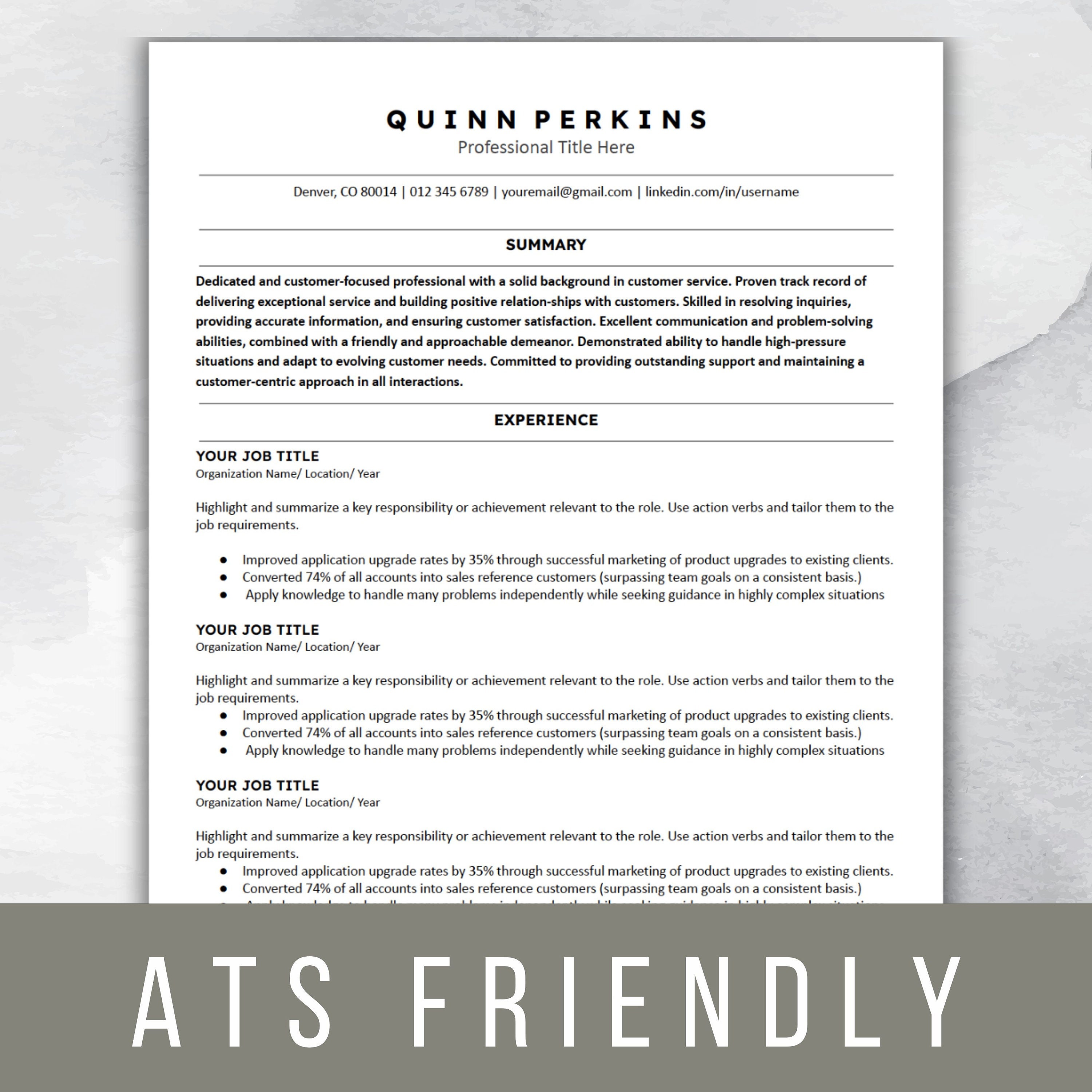 ATS Resume Template for Google Docs Word 1-2 Page Resume - Etsy