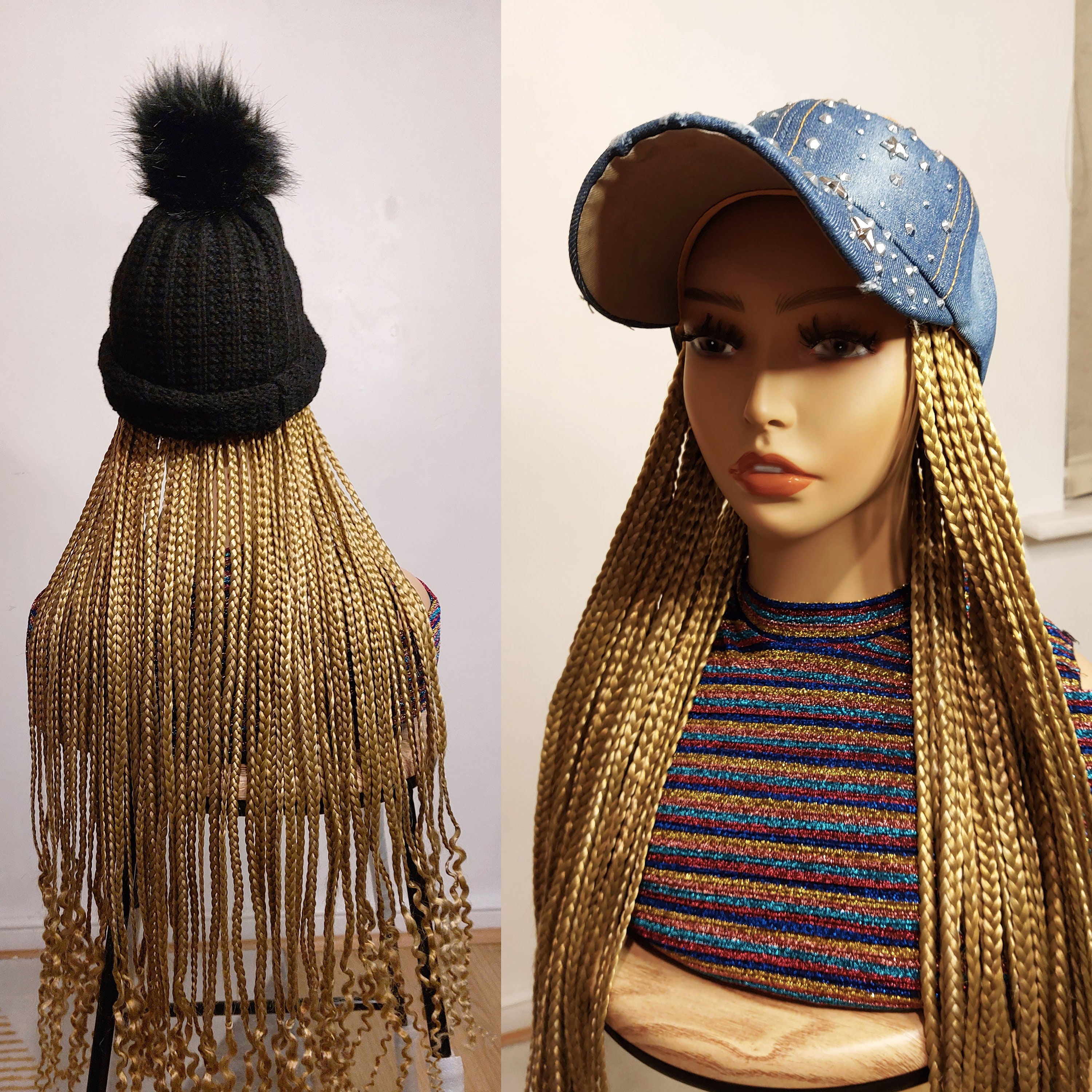 Braided Hat Wig for Black Women, Braid Wig Band, Hair Loss Alopecia ...