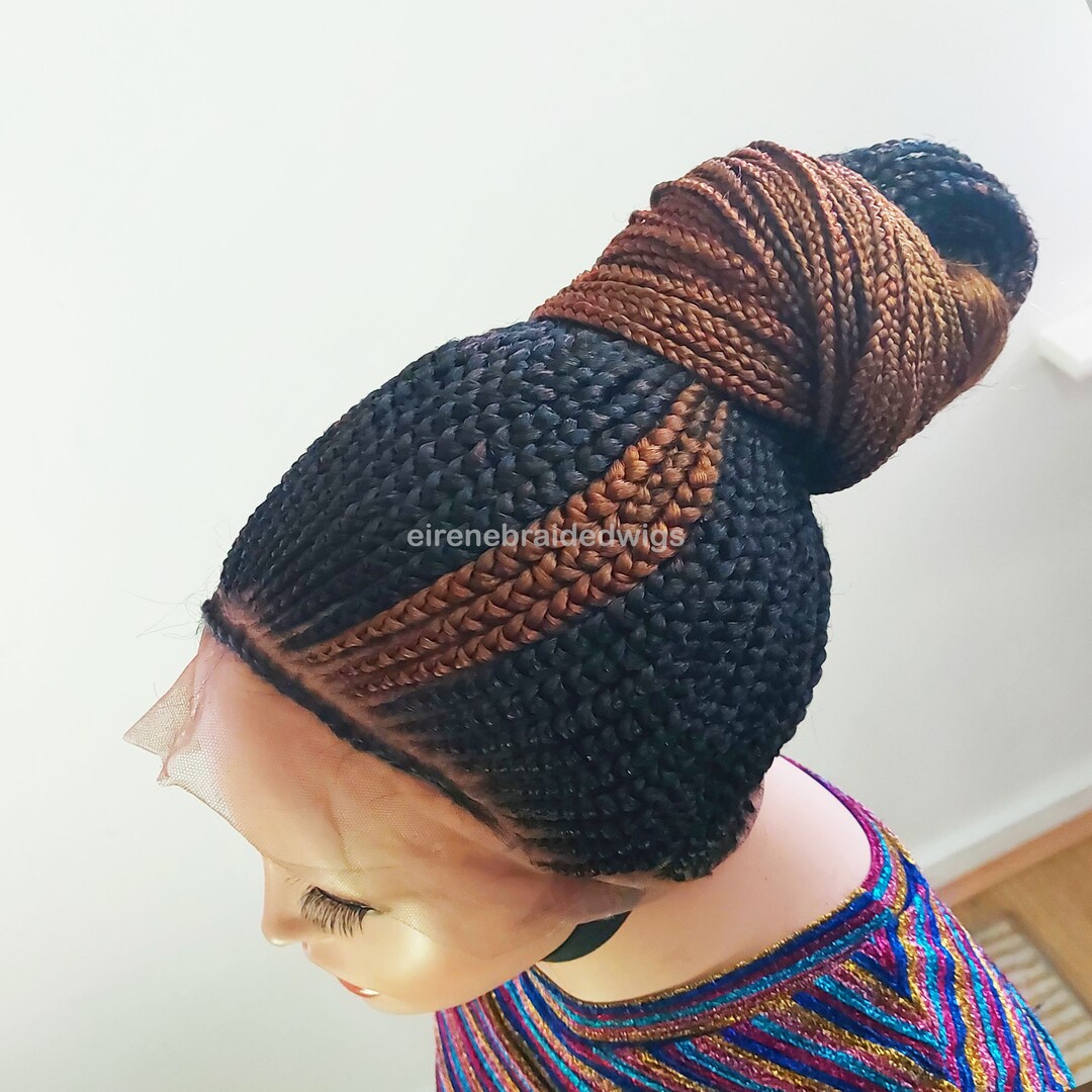 Fulani Conrow Updo Braided Wig for Black Women, High Bun Ponytail ...