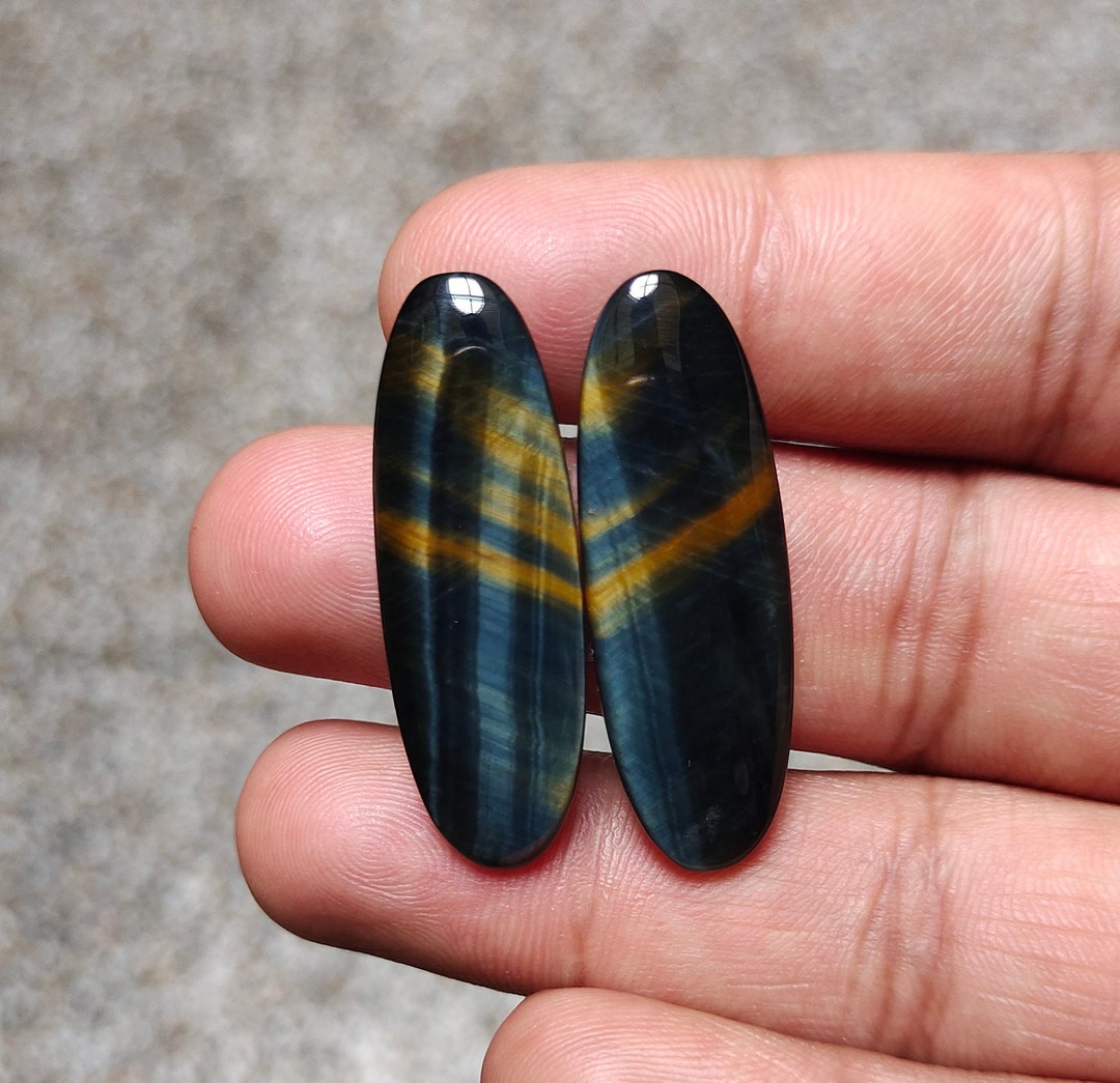 Natural Tiger's Eye Gemstone Pair Blue Gold Tiger's Eye Cabochons Flat ...