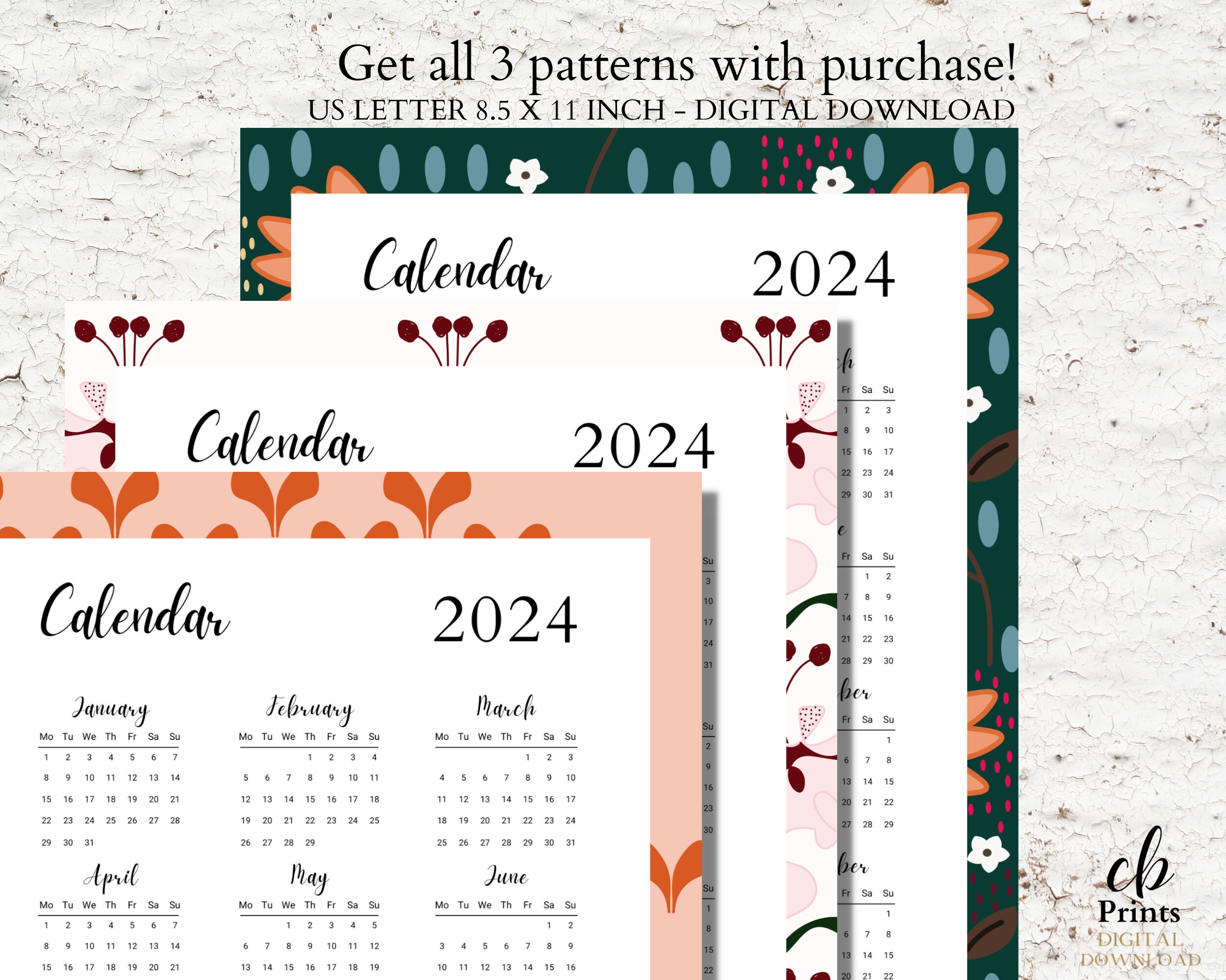 2024 Calendar Printable, Year at a Glance, One Page Desk Calendar ...