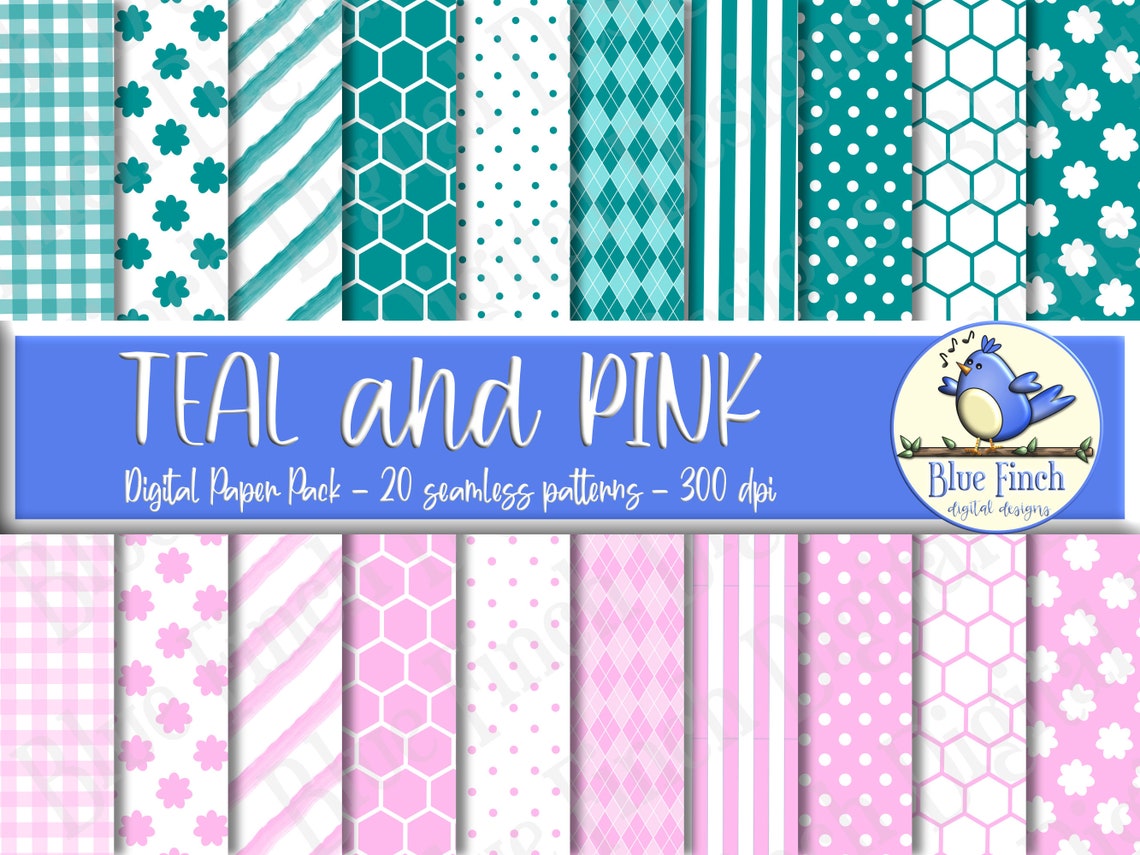 Teal and Pink Digital Paper Pack - Etsy