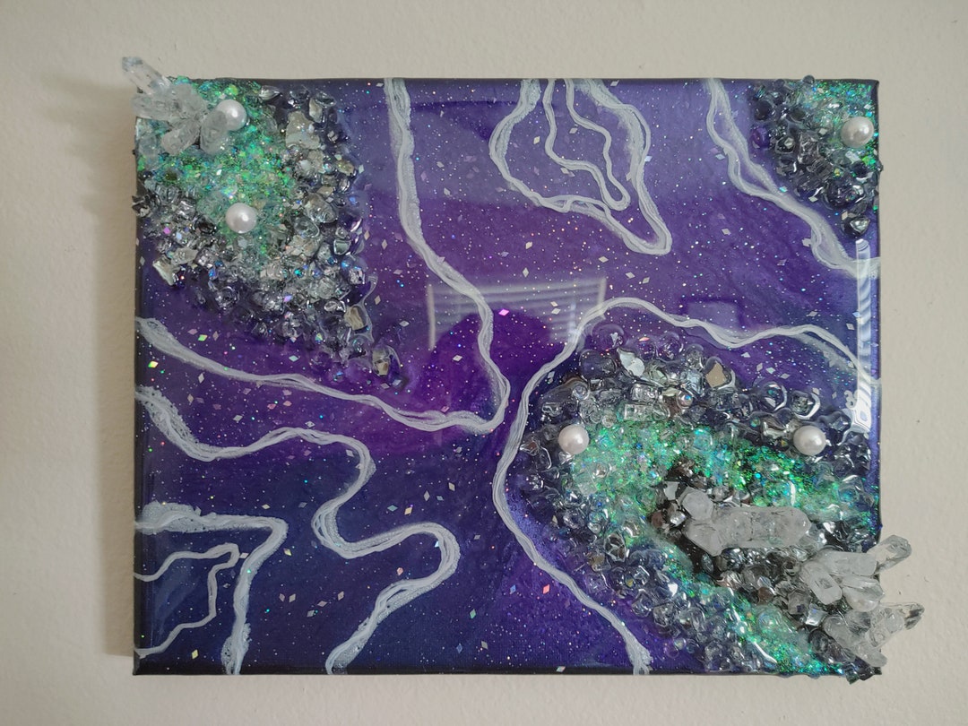 Purple Crystal Resin Painting on Canvas, Healing Crystal Art, Epoxy ...