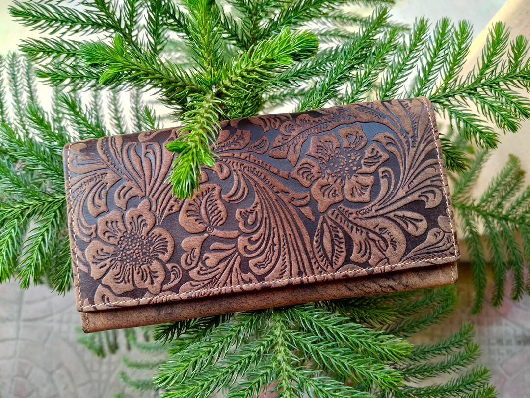 Handmade Women's Real Leather Flower Embossed Brown Wallet Best Gift ...