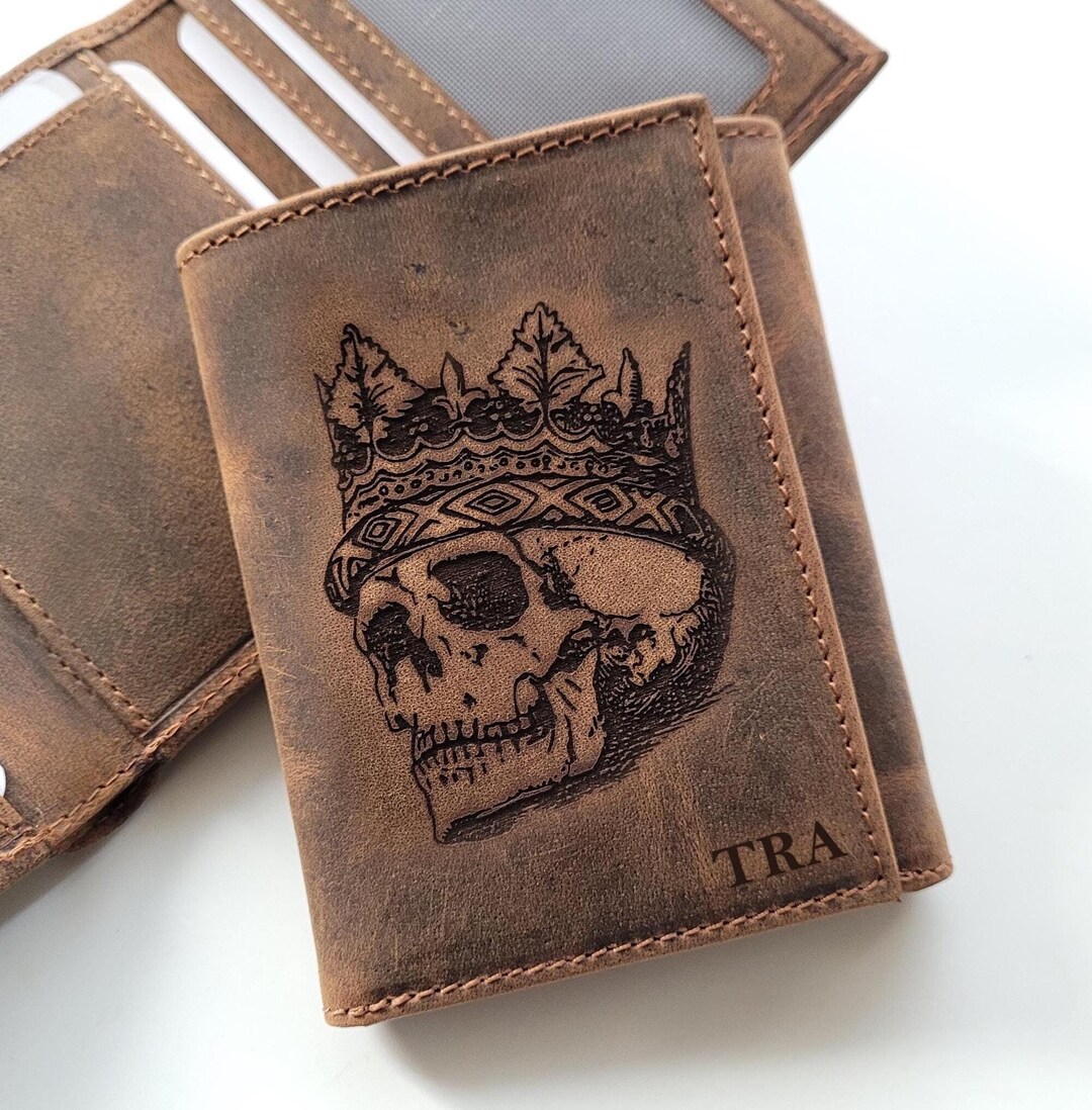 Skull Trifold Men Wallet, Engraved Men Vintage Rustic Leather Wallet ...