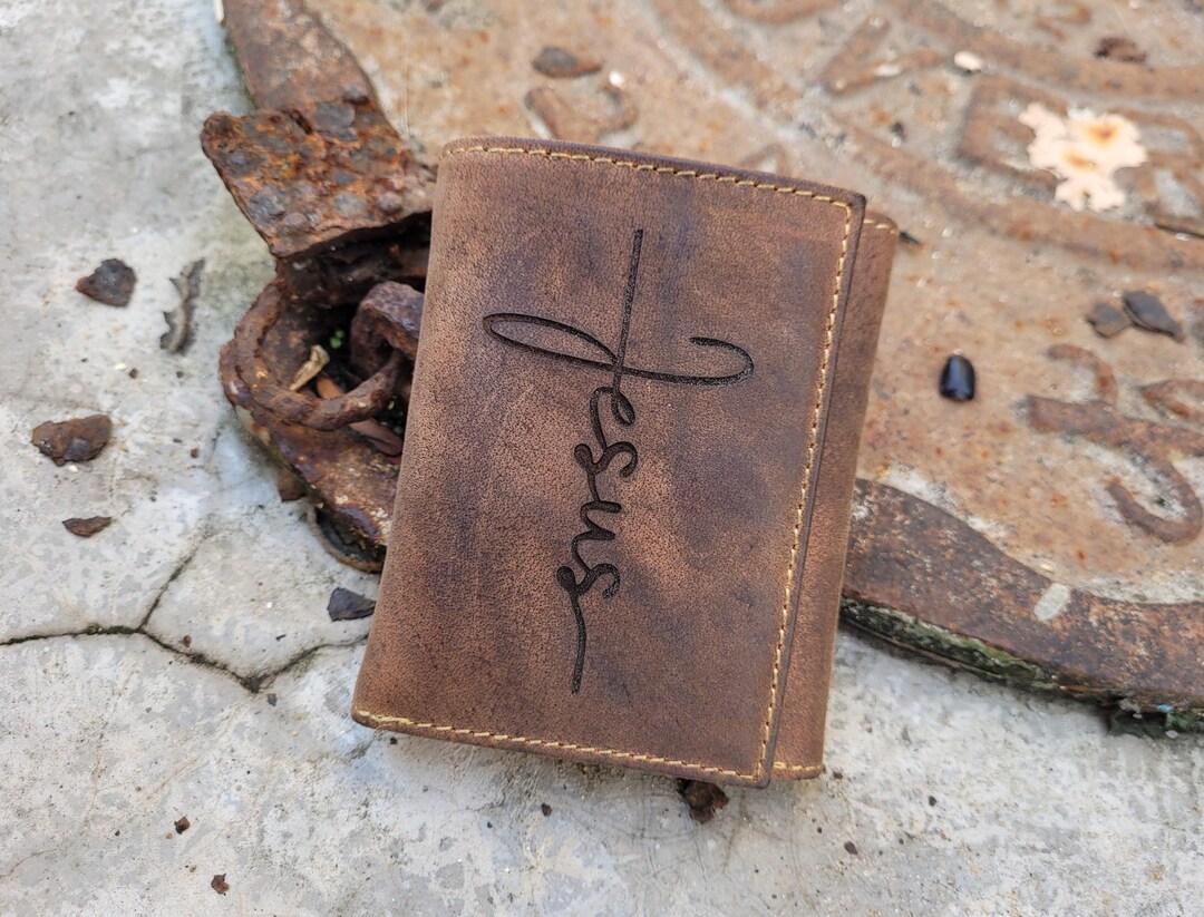 Engraved Cross on Leather Wallet for Religious Christian Men ...