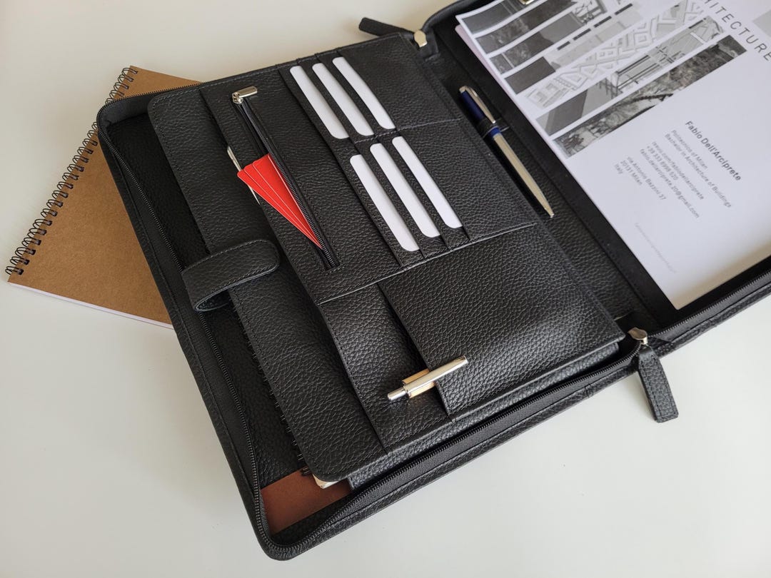Personalized Black Leather Portfolio, Zippered Portfolio for Men ...