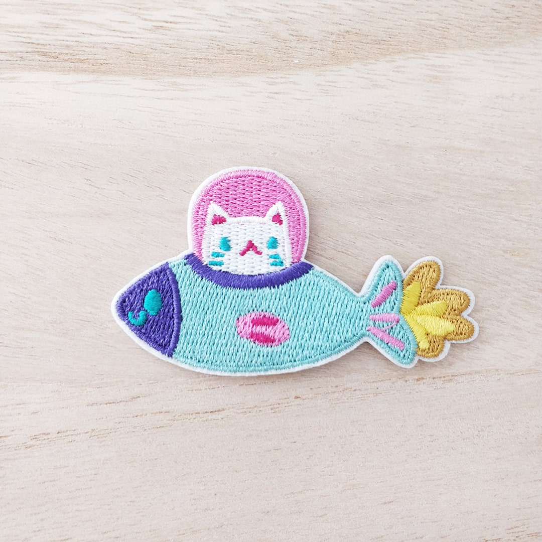 Cute Cat in a Fish Spaceship Iron on Patch, Embroidery Patch, Cute ...