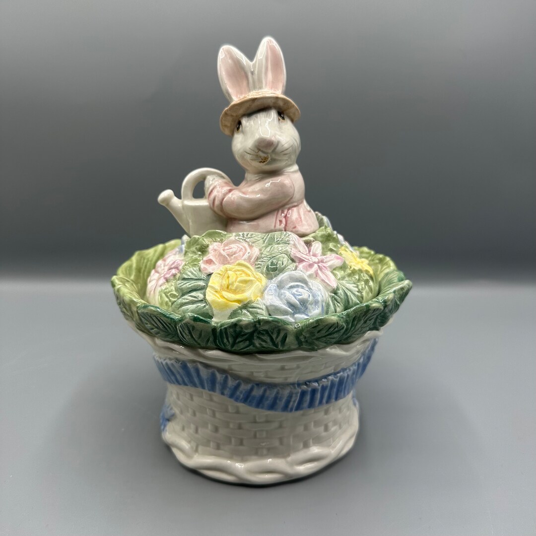 Vintage Fitz and Floyd Bunny Rabbit in Garden Lidded Bowl 1989 Easter ...
