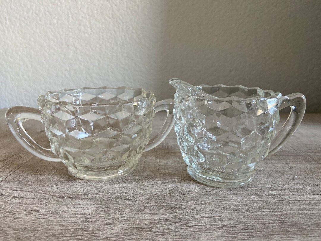 Vintage Creamer and Sugar Glass Cube Pattern Clear Depression Glass ...