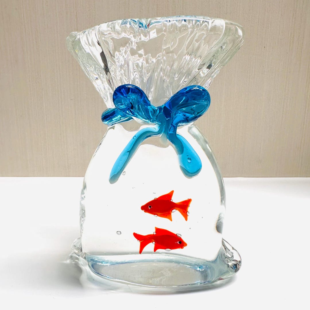 Vintage Art Glass Murano Style Two Goldfish in Bag Blue Bow - Etsy