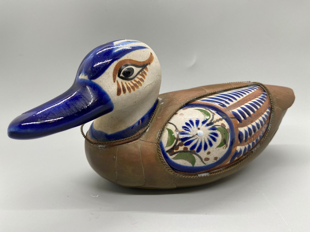Vintage Duck Tonala Mexican Folk Art Pottery Armored Duck With Brass ...