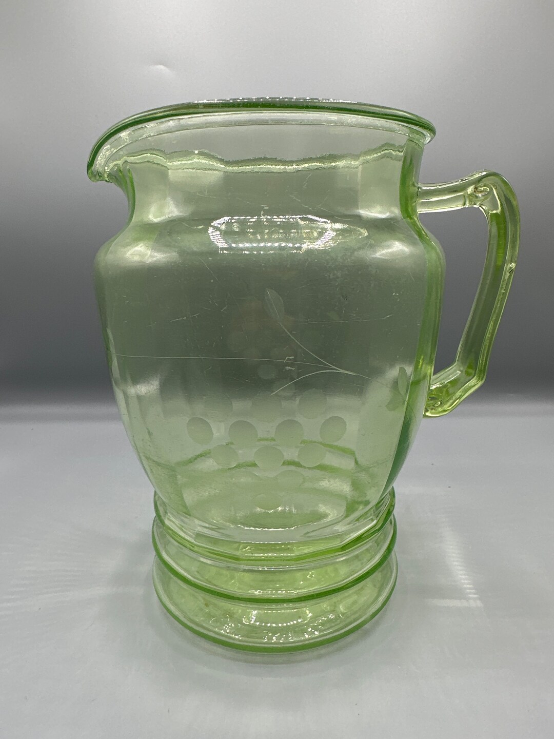 Vintage Pitcher Green Depression Glass UV Glows Grape Pattern Vaseline ...