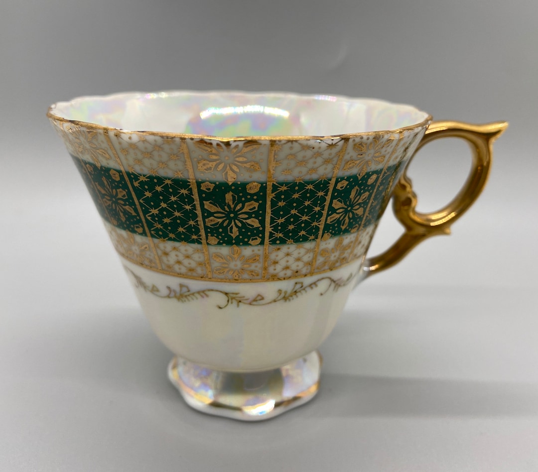 Vintage Porcelain Lusterware Tea Cup With Green Stripe and Gold Toned ...