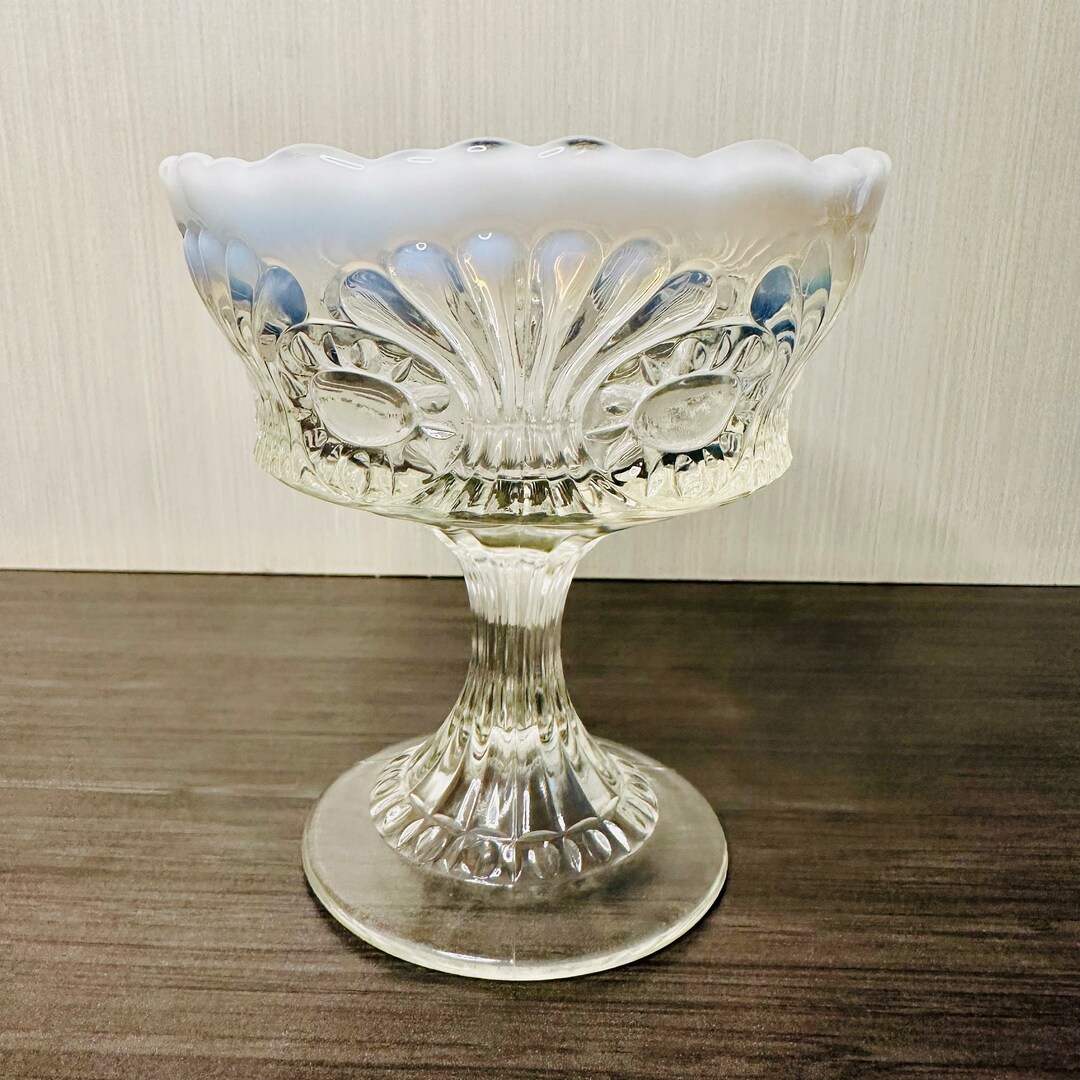 Vintage Glass Compote Clear Opalescent White Edge Scroll and Eye ...