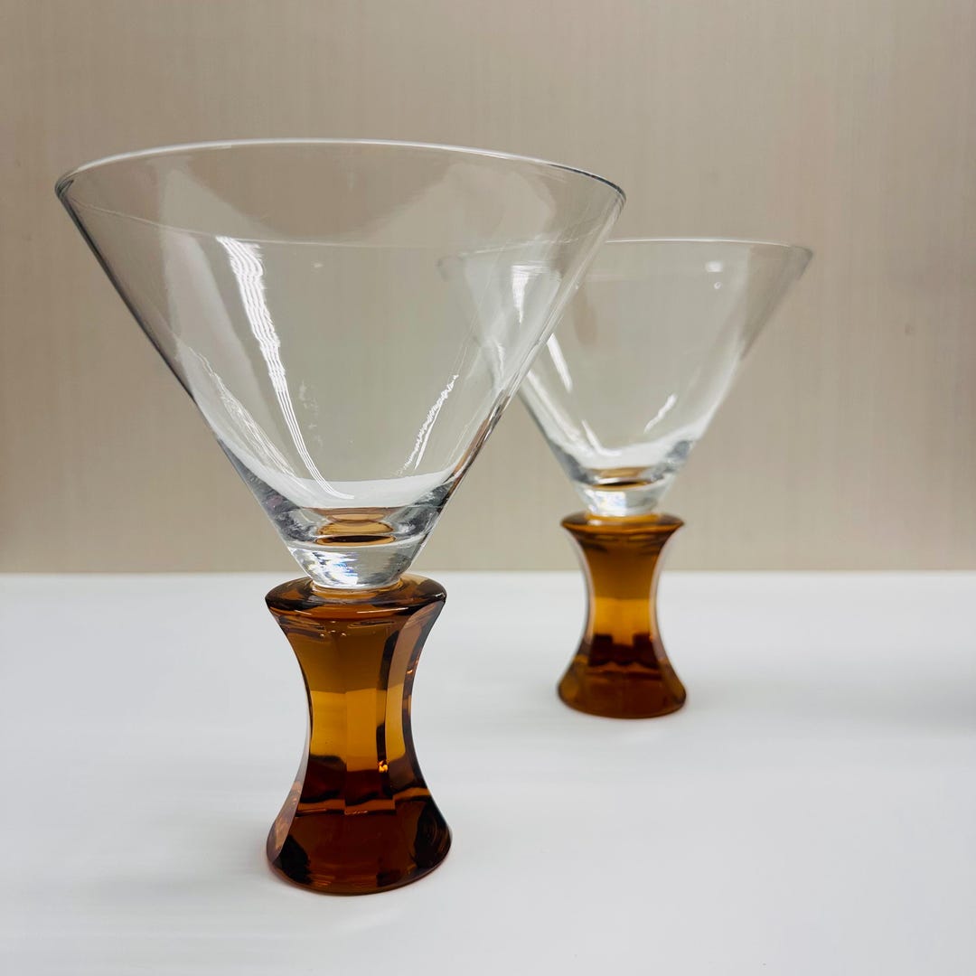 A Pair Vintage MCM Cocktail Glasses Amber Crystal Base Barware ...