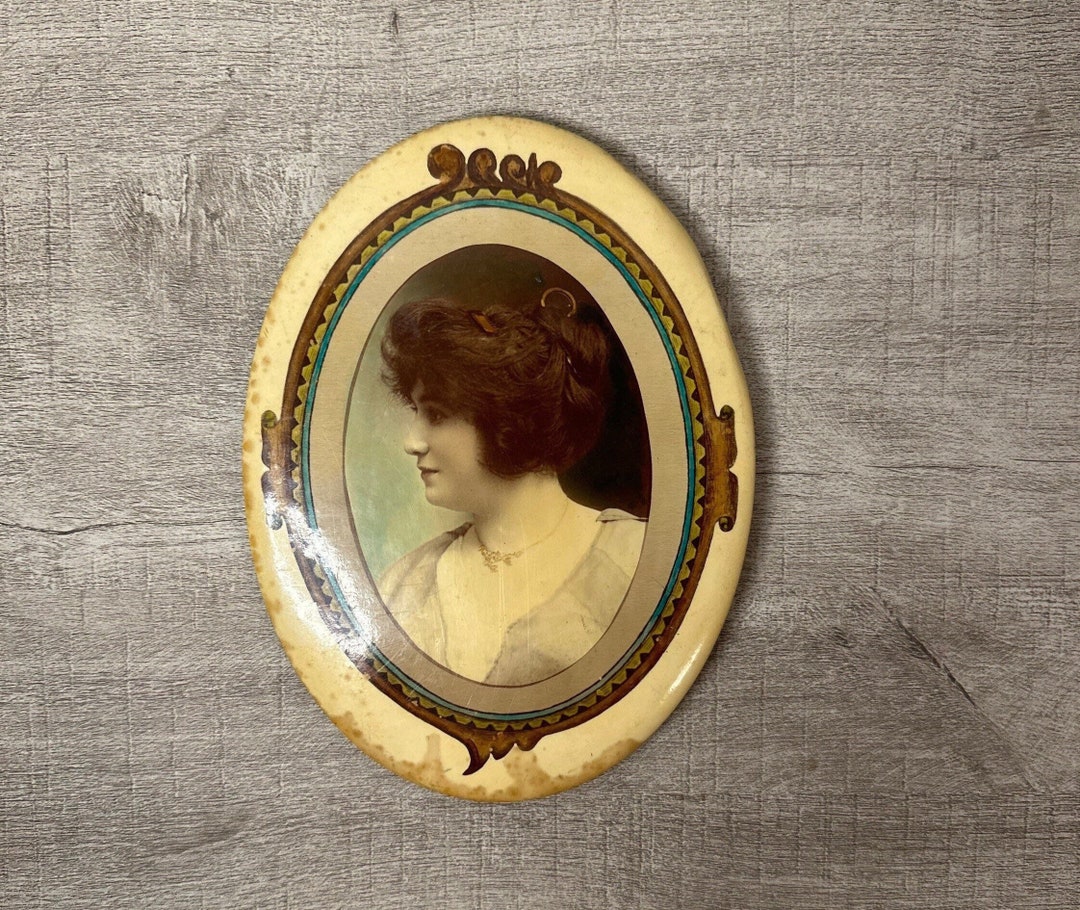 Vintage Ephemera Large Metal Oval Button Wall Picture Black and White ...