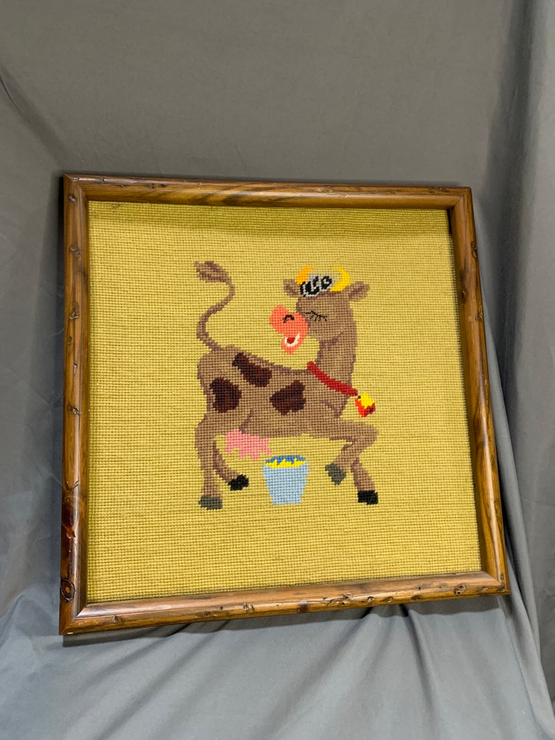 Vintage Handmade and Framed Dairy Cow Crewel / Needlepoint Wall Art Fiber Art - Etsy