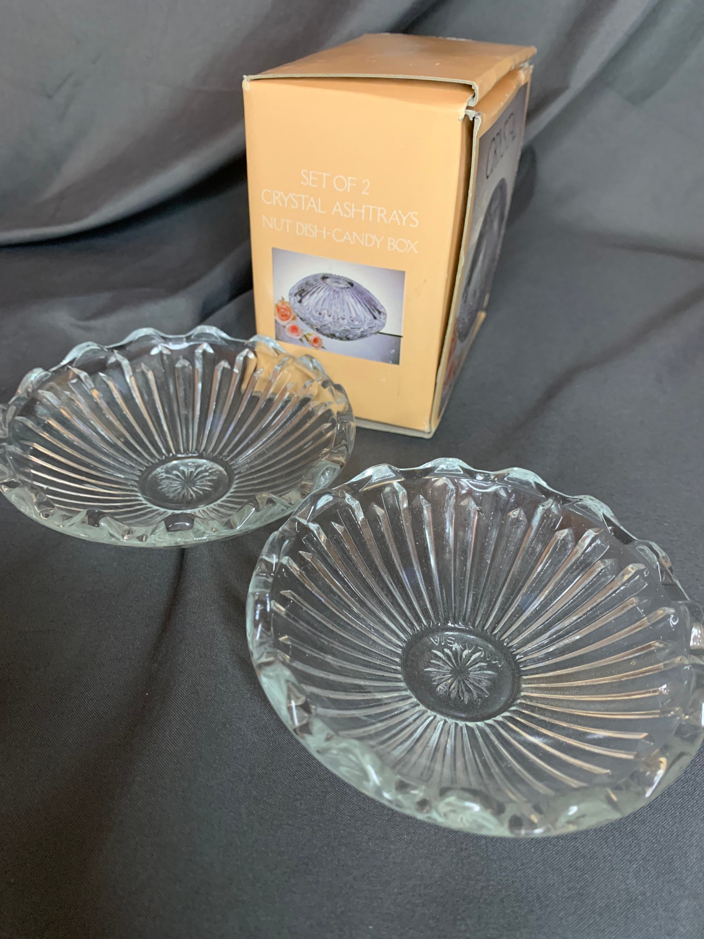 Vintage Crystal Glass Adjoining Ashtrays / Trinket Dish With Original ...