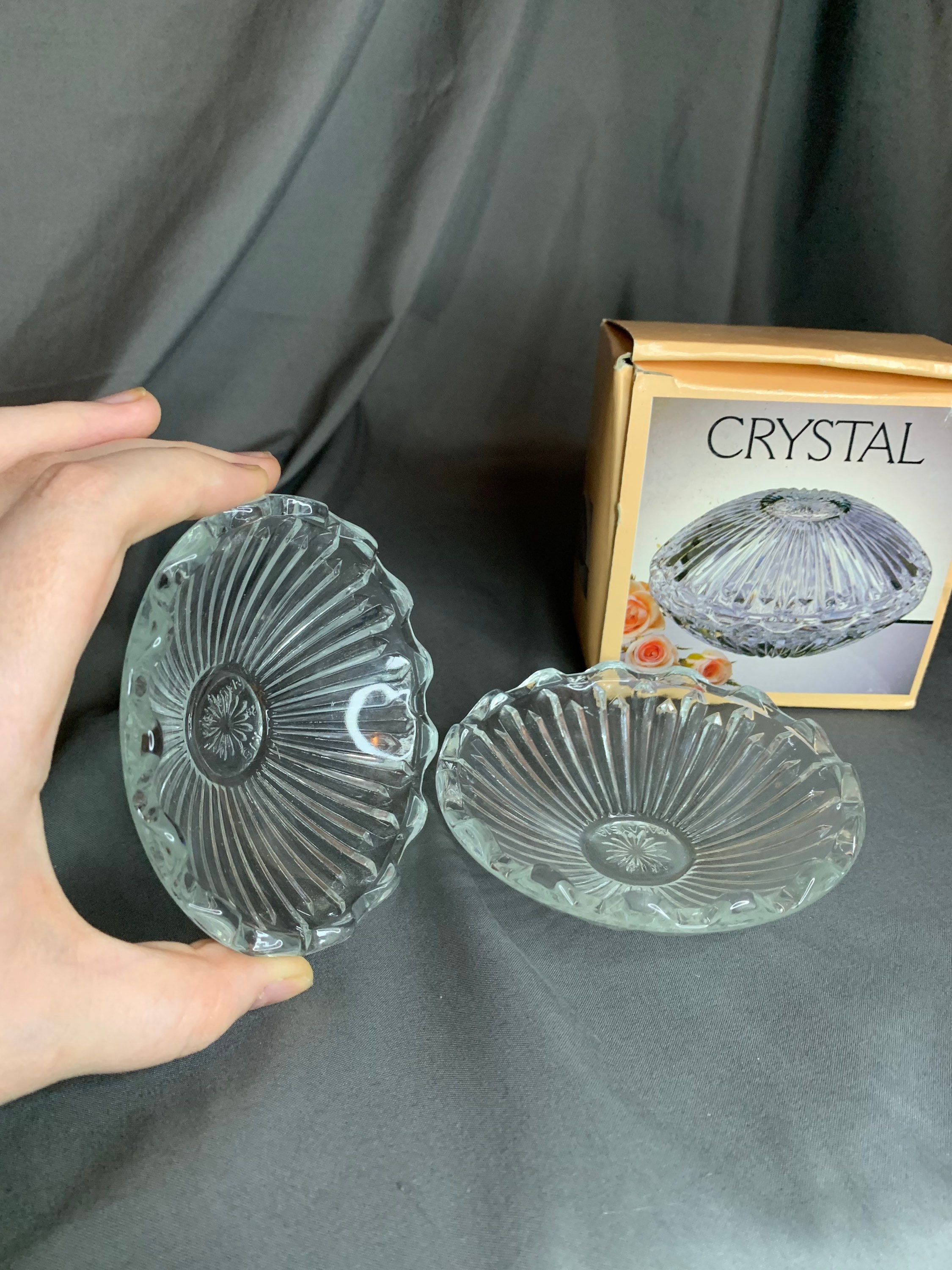 Vintage Crystal Glass Adjoining Ashtrays / Trinket Dish With Original ...