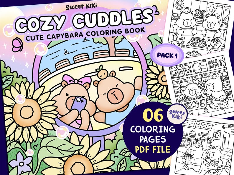 Capybara Coloring Book (pack 1): Cozy Cuddles, Relaxing Art (PDF ...