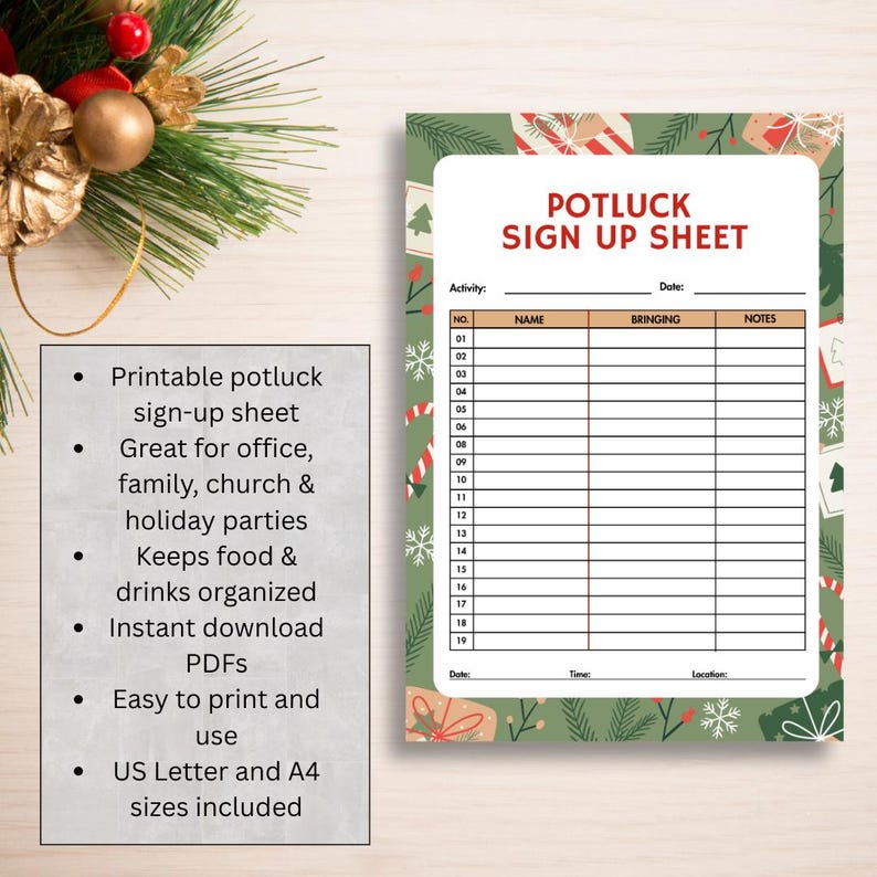 Christmas Potluck Sign-up Sheet | Holiday Party Planner (PDF) - Etsy