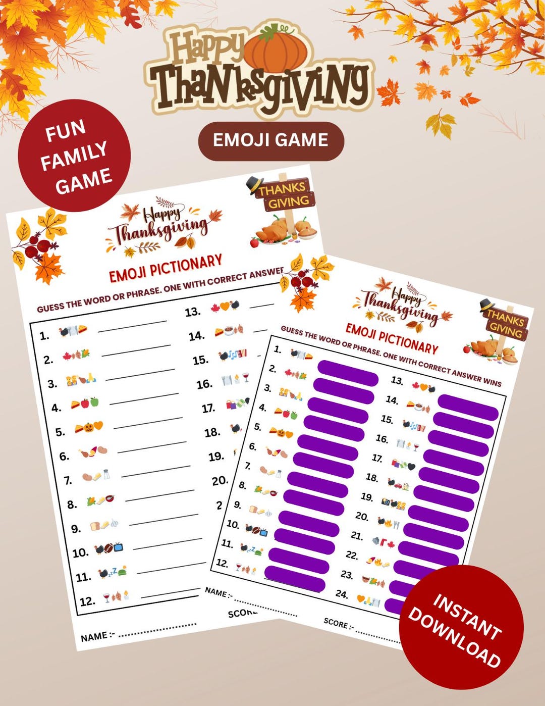 Thanksgiving Emoji Pictionary Game, Printable Trivia (digital Download ...