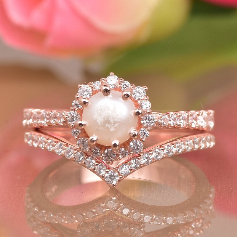Pearl Engagement Ring Set - Etsy