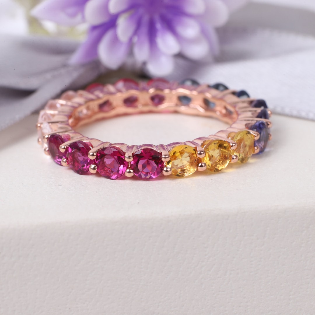 Rainbow Sapphire Multi Sapphire Round Cut Eternity Band Ring - Etsy
