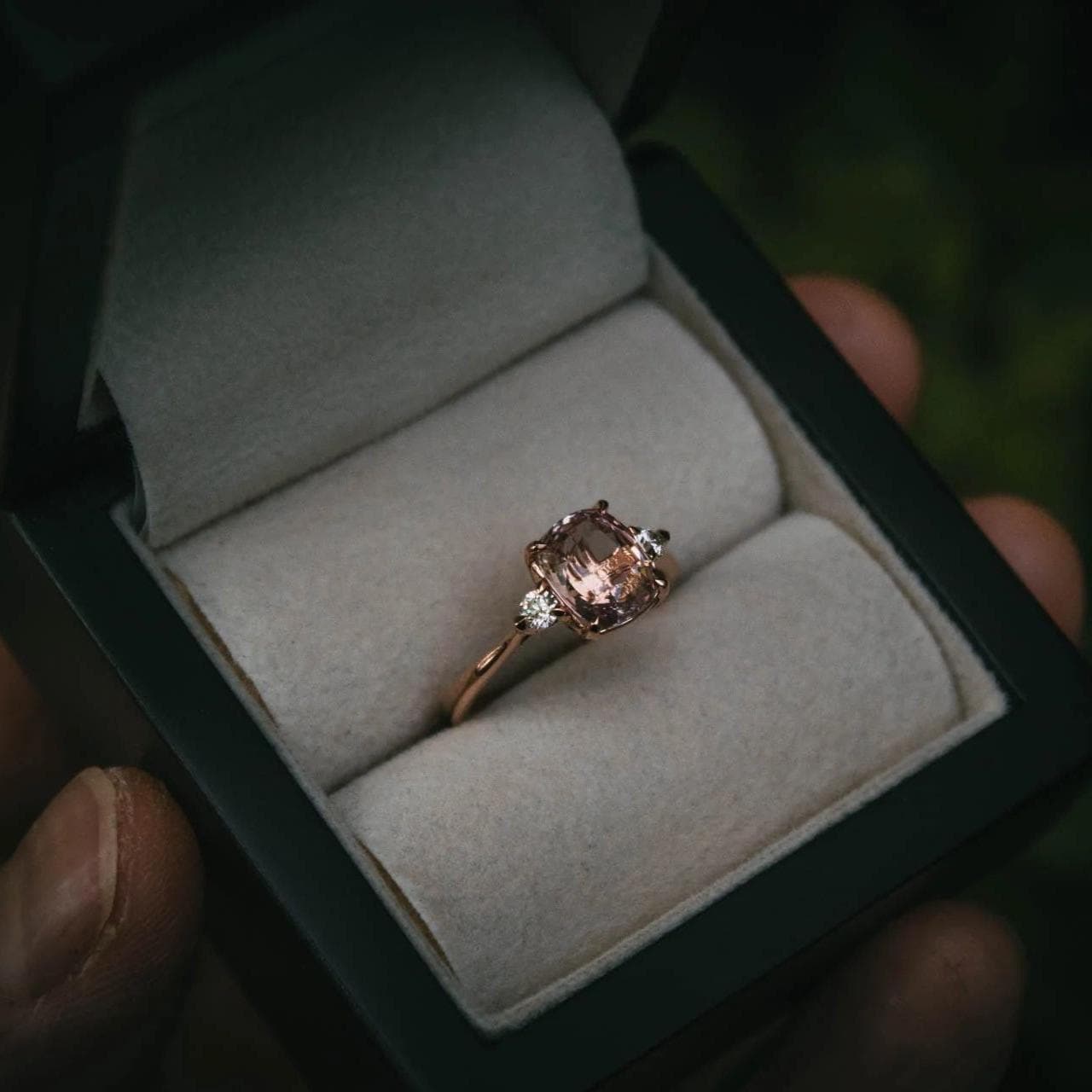 Cushion Cut Morganite Promise Ring: 14K Rose Gold, CZ Diamond Accents ...