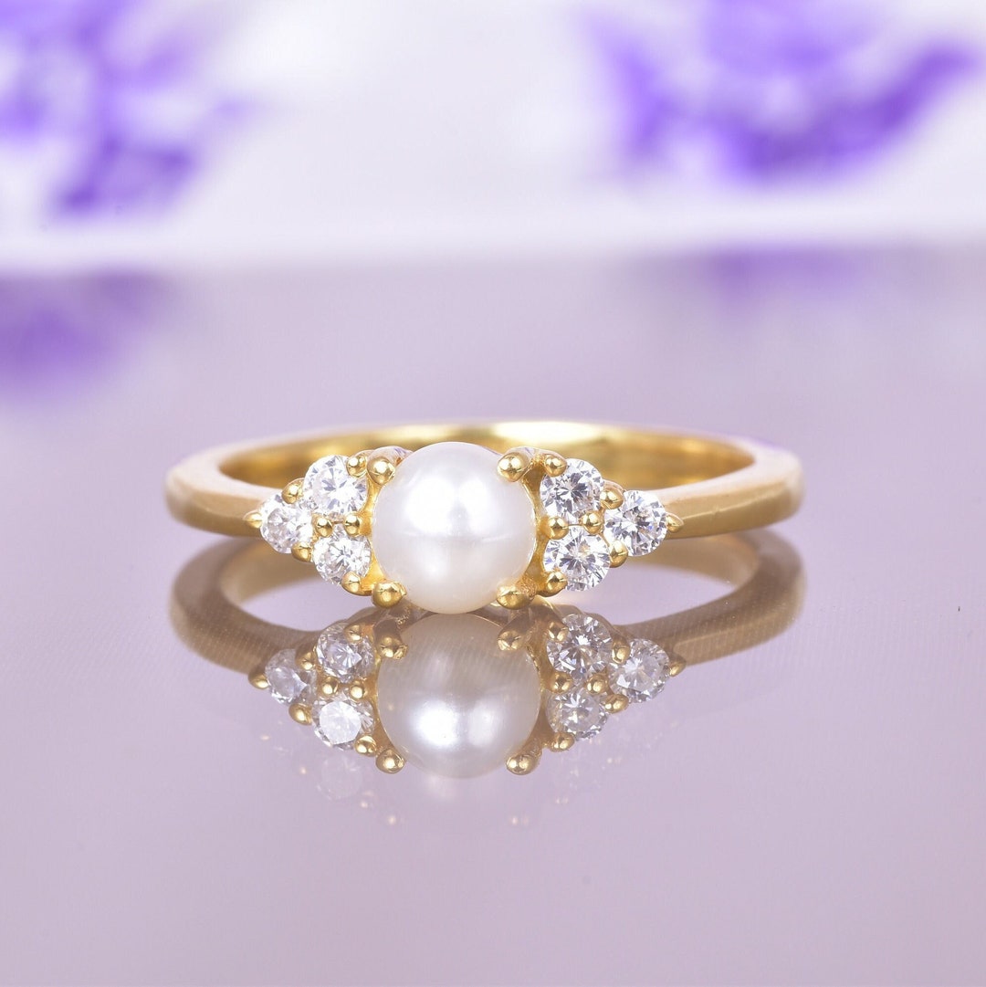 14K Gold Diamond Pearl Ring,dainty Freshwater Pearl Ring,natural Pearl ...