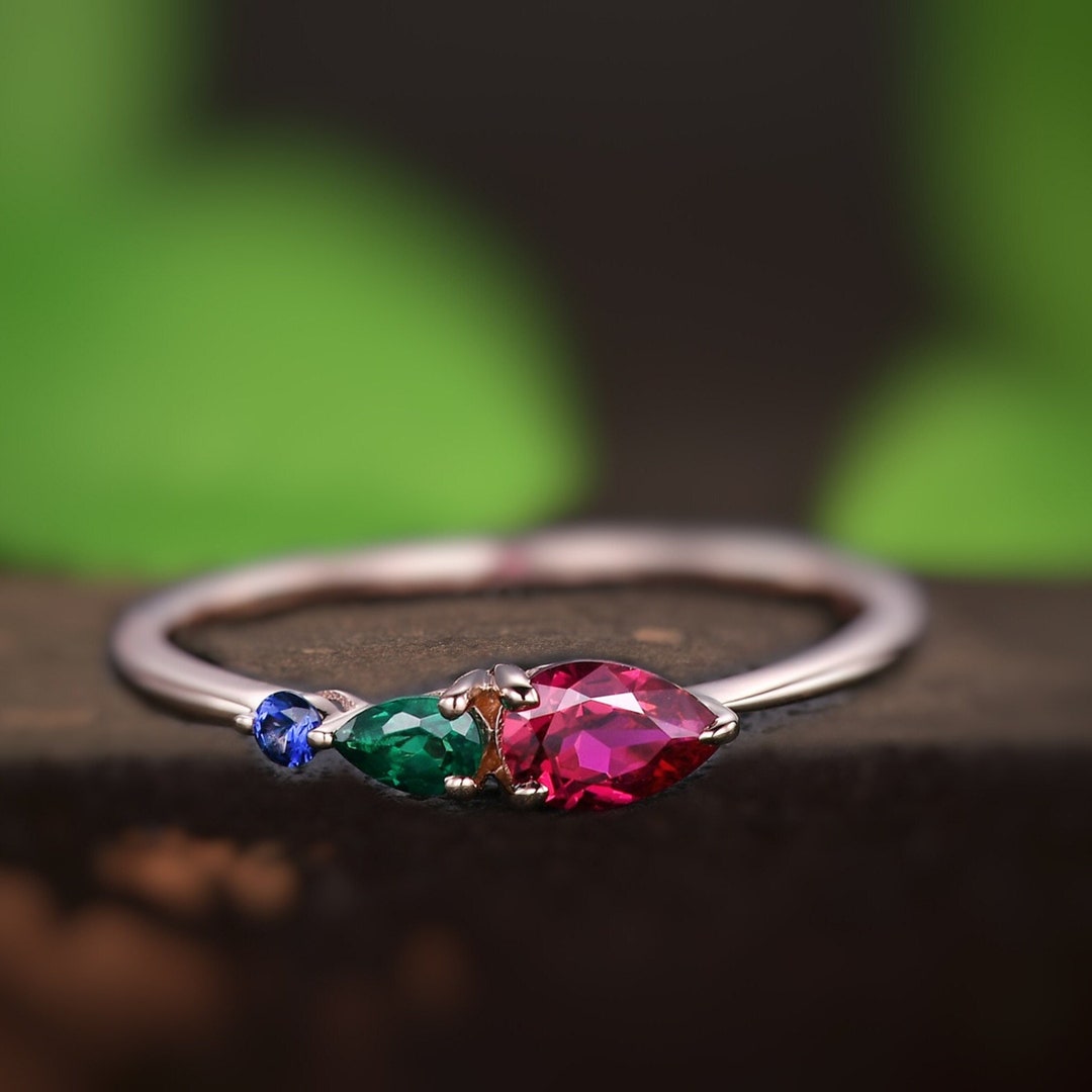 Emerald Sapphire Ruby Alternating Ring, Gemstone 925 Silver Cluster ...
