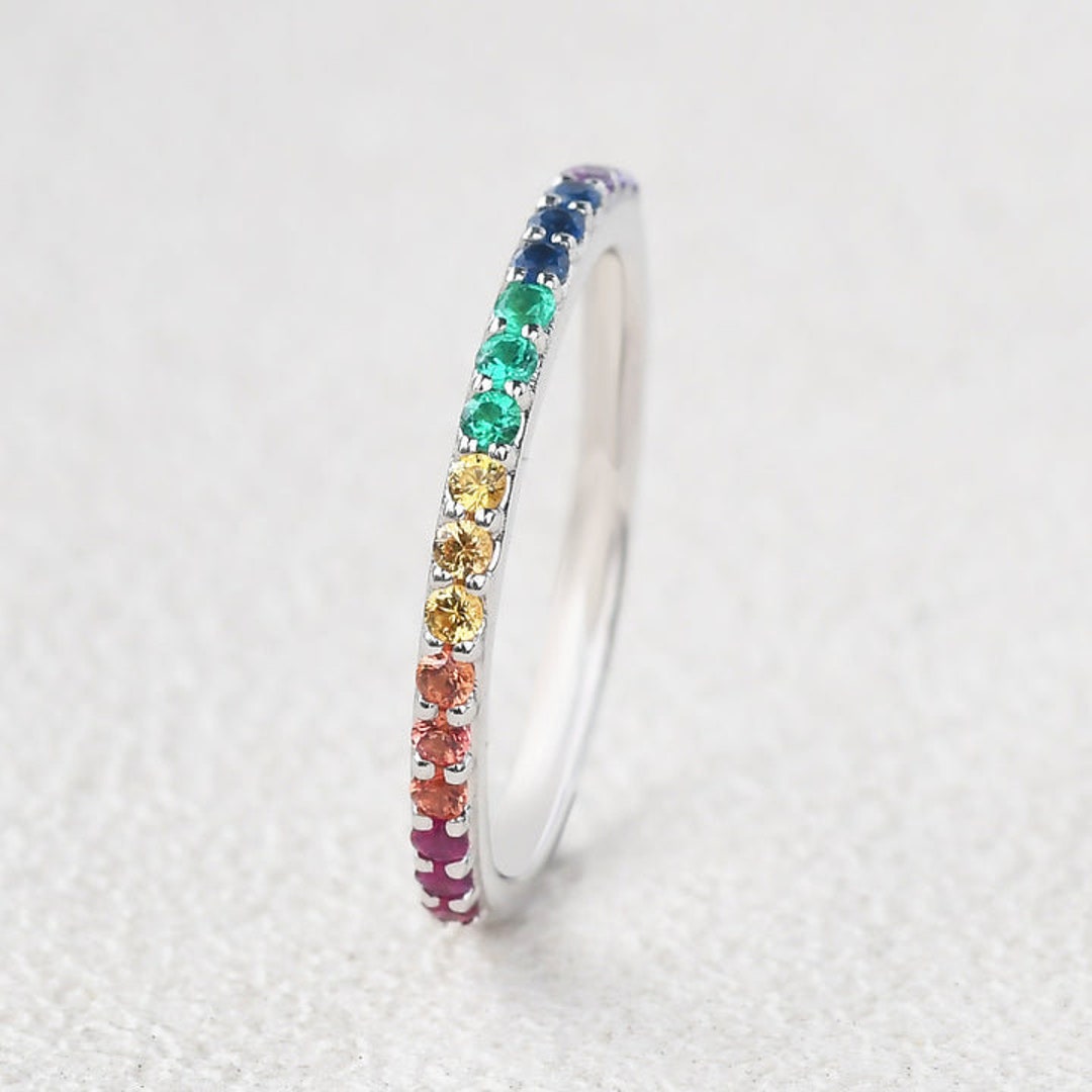 Natural Multi Sapphire Ring,rainbow Gemstone Ring, Rainbow Sapphire Eternity Band Ring,colored ...