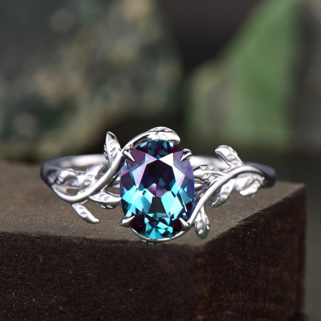 Vintage Alexandrite Engagement Ring Leaf Flower 925 Sterling Silver ...