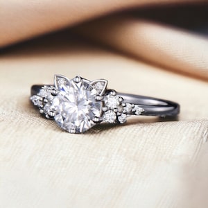 Cat Engagement Ring 7mm Round Moissanite Ring Unique Cat Moissanite ...