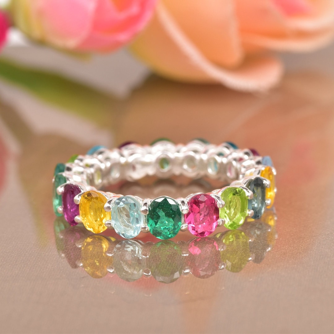 Multi Sapphire Band,rainbow Gemstone Stacking Ring Rainbow Sapphire ...
