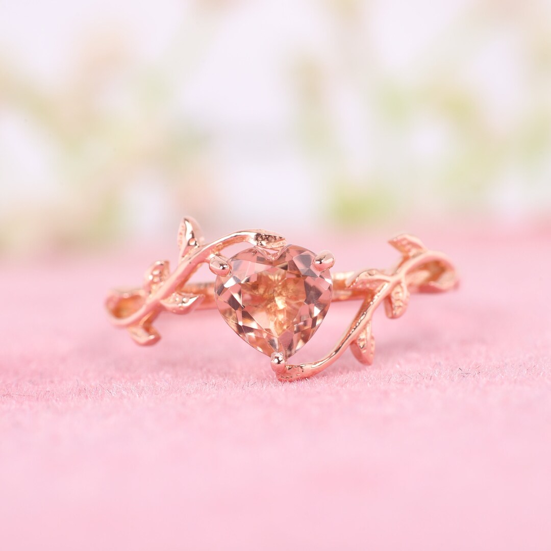 Vintage Morganite Engagement Ring Leaf Flower Ring Rose Gold Ring Heart Cut Ring Promise Ring ...