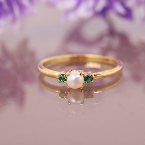 Freshwater Pearl Emerald Ring 14K Solid Gold Ring Engagement - Etsy