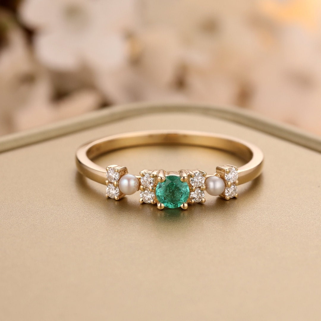 Freshwater Pearl Emerald Ring, 14K Solid Gold Ring, Engagement Ring ...