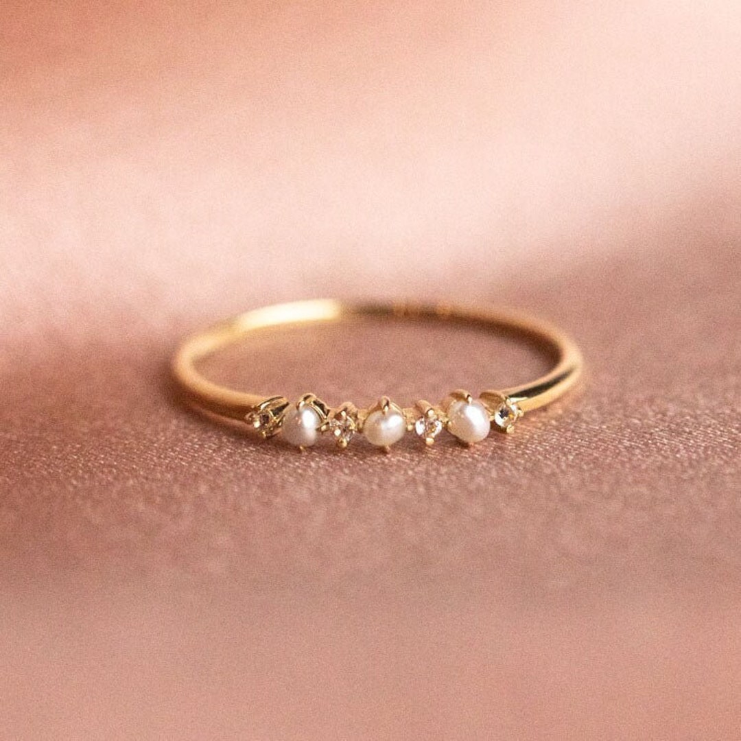Pearl Diamond Wedding Band Women Rose Gold Pearl Matching Band Akoya Pearl Ring Half Eternity