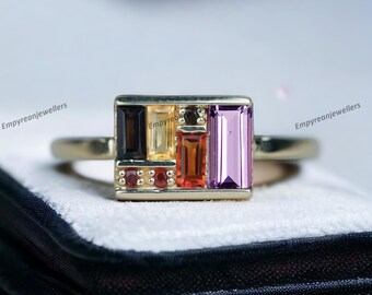 Vintage Multi Gemstone Box Ring, 14K Solid Gold Baguette Labradorite Statement Ring, Antique Art ...