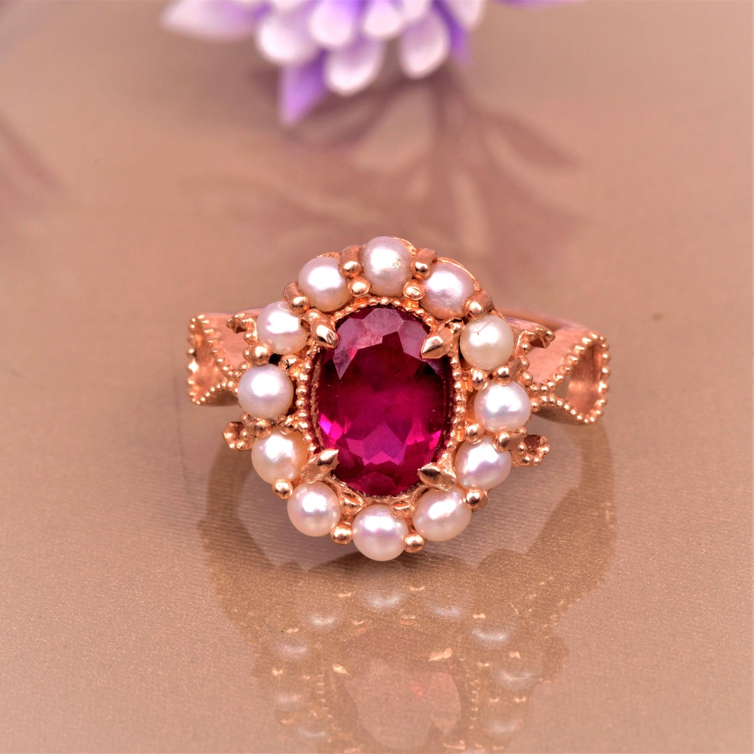 Unique Ruby Engagement Ring Natural Pearl Yellow Gold Halo Ring Art ...