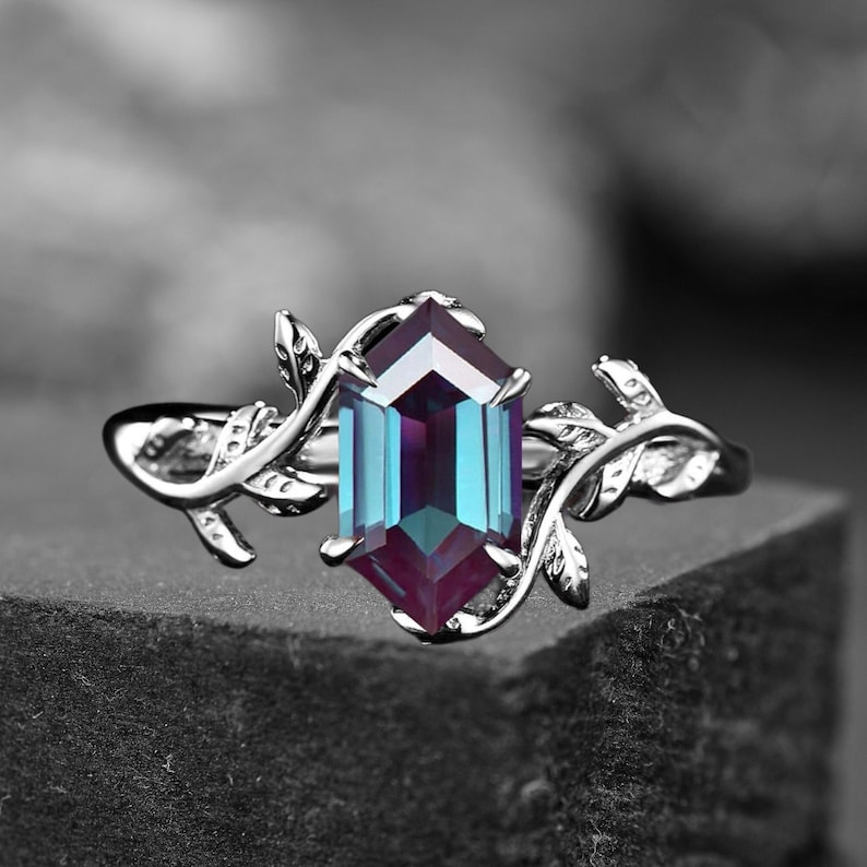 Hexagon Alexandrite Ring: Rose Gold Leaf Sterling Silver Engagement ...
