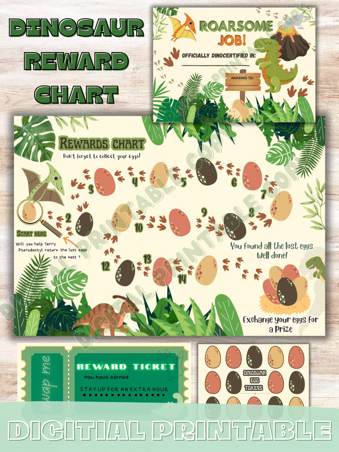 Dinosaur Reward Chart: Printable Behavior Tracker, Tokens (digital ...