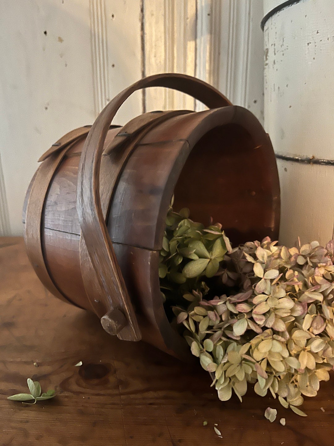 Primitive Wooden Bucket W/handle, Wood Pegged Swing Handle & 2 Finger ...